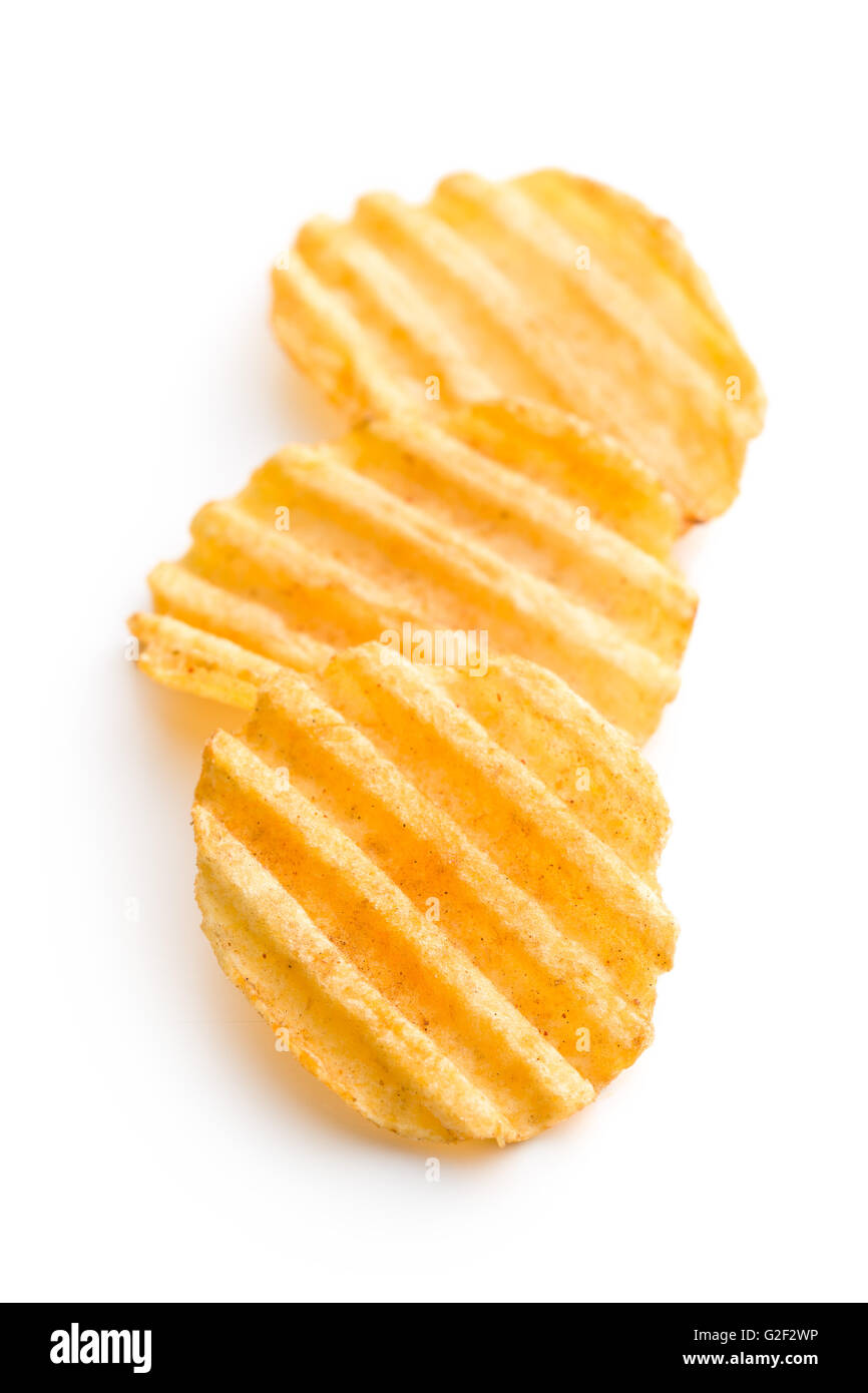 Crinkle cut potato chips isolated on white background. Tasty spicy ...