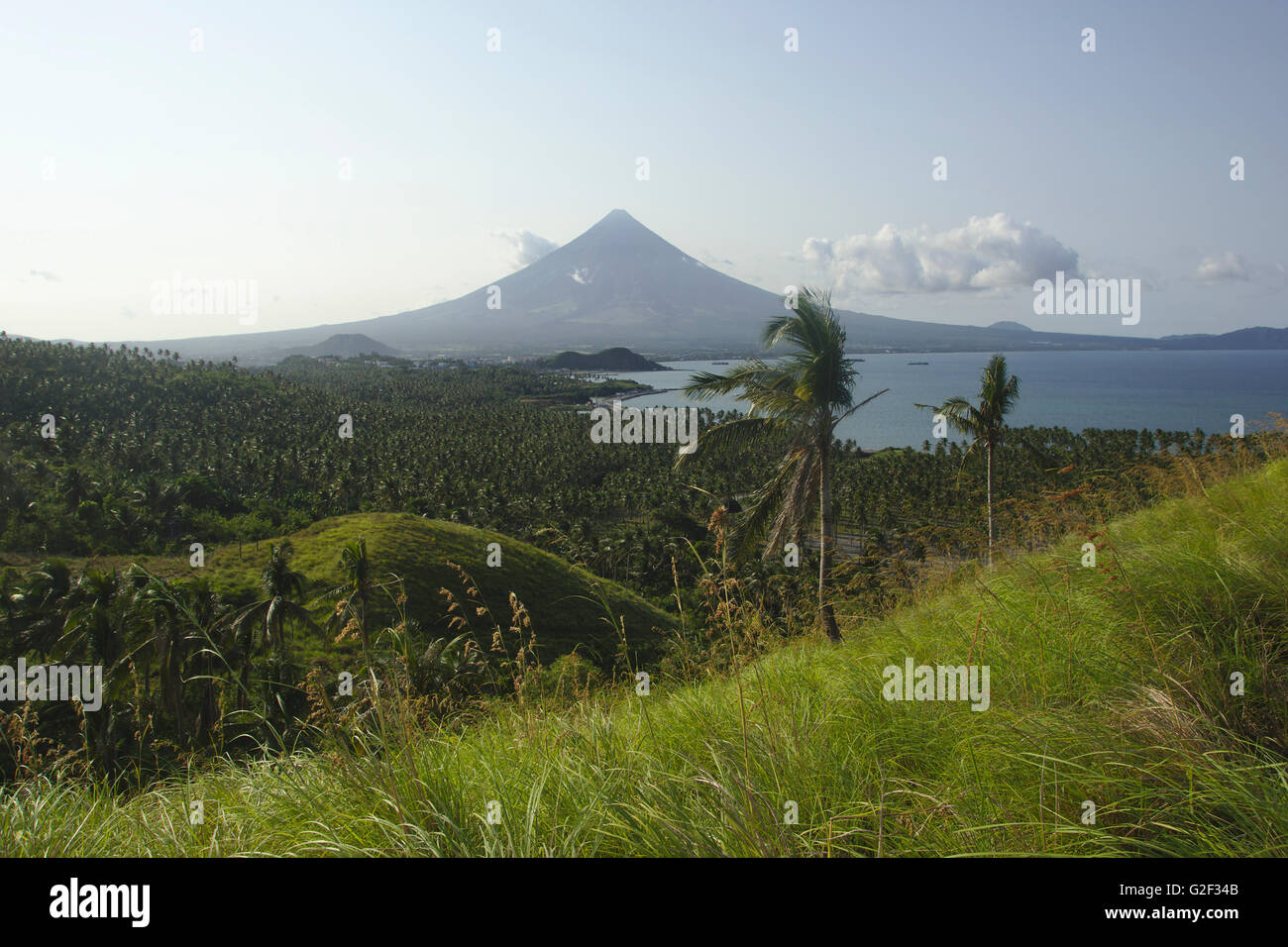 View over Golf of Albay and Legazpi to Mount Mayon in evening light ...