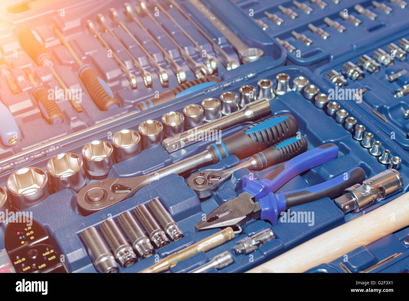 Toolboxes and toolkit in the shop Stock Photo - Alamy
