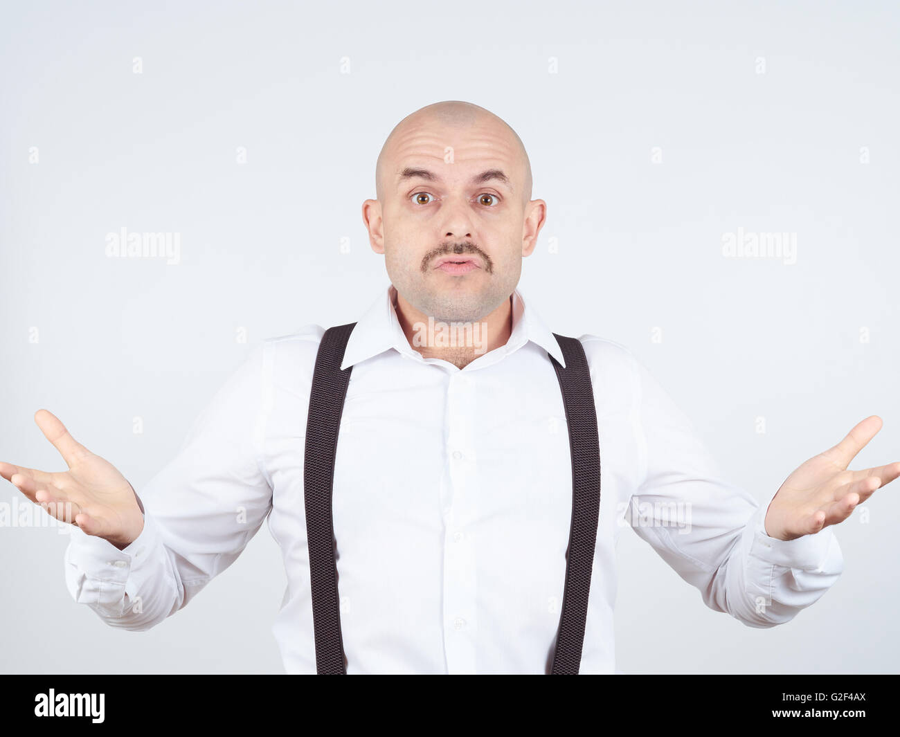 bald man shrugging shoulders I don't know gesture Isolated. Human body ...