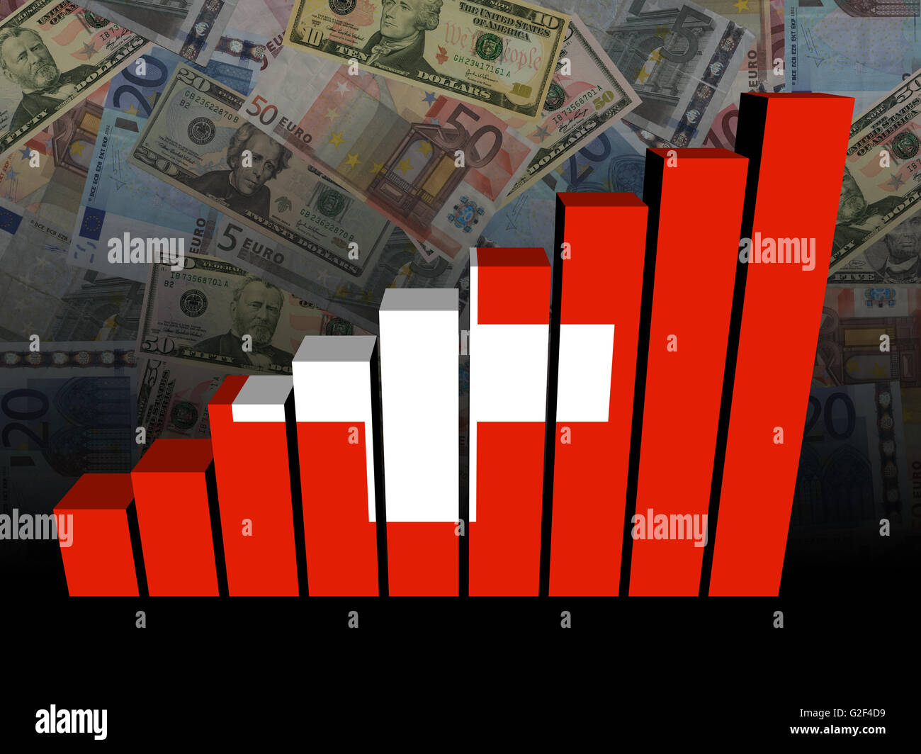 Swiss flag bar chart over Euros and Dollars illustration Stock Photo ...