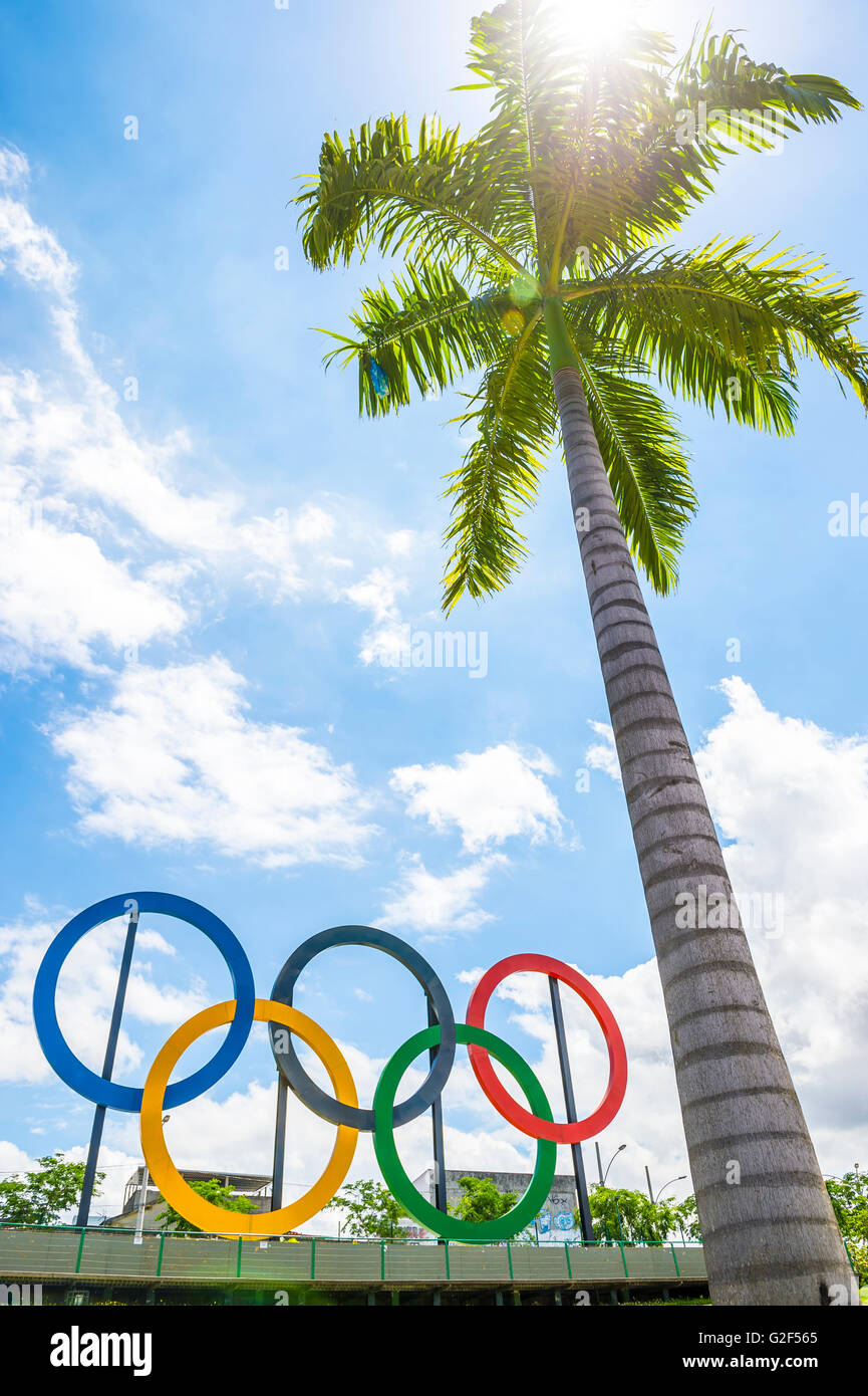 RIO DE JANEIRO - MARCH 18, 2016: Olympic rings stand under tall palm ...