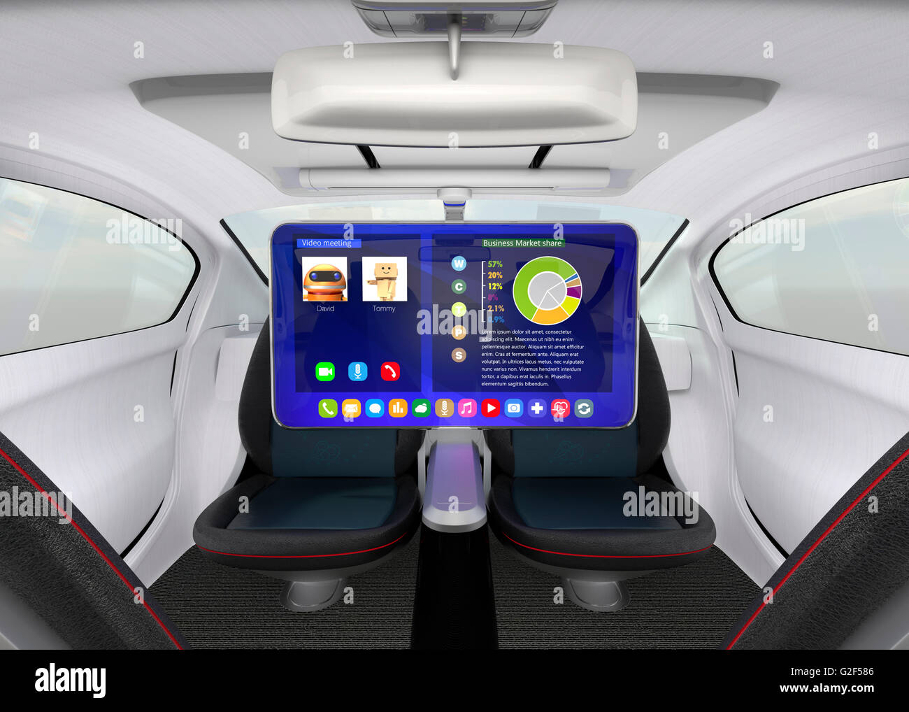 Autonomous car interior concept. Ceiling-mounted monitor help business ...