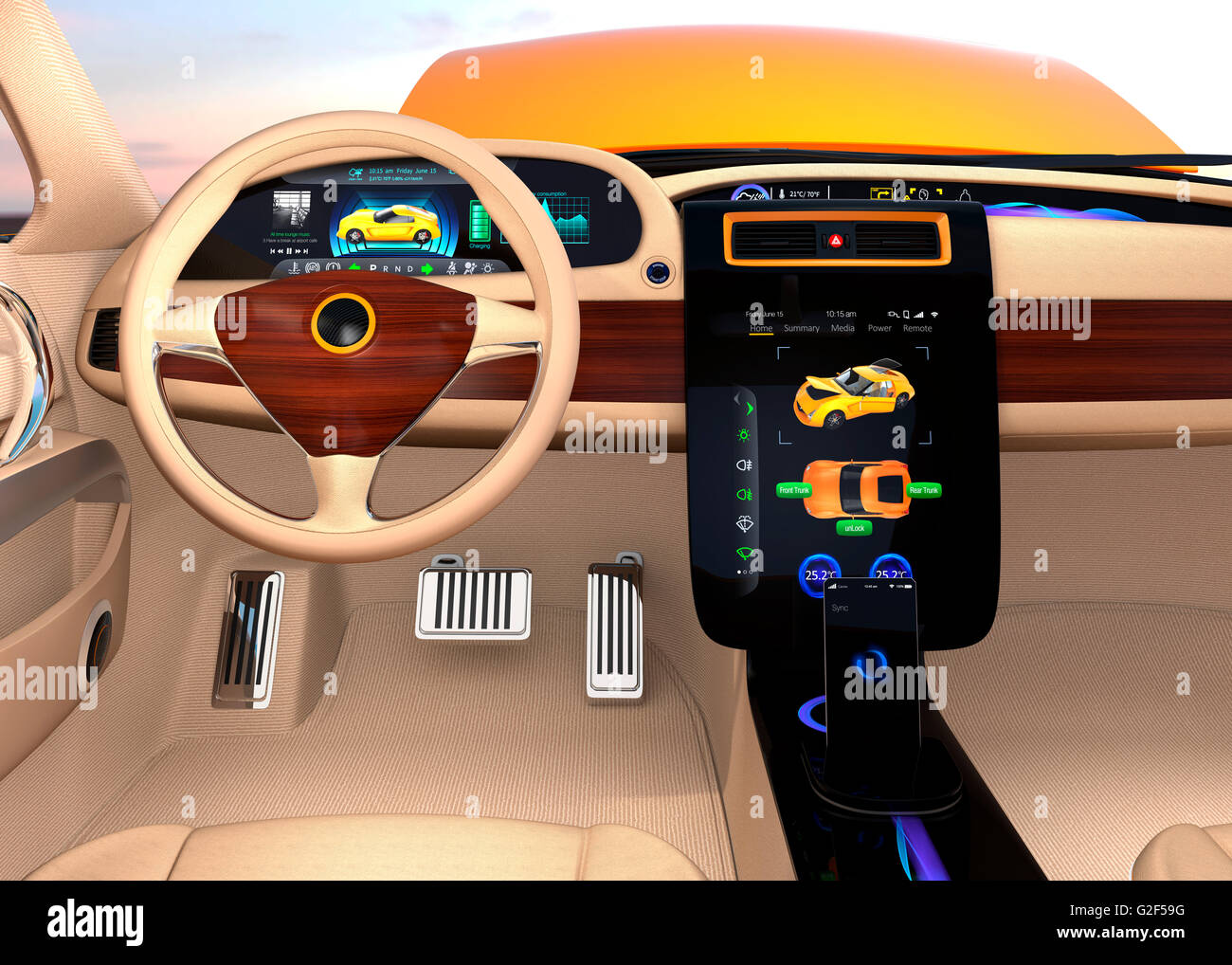 Electric vehicle center display Interface concept. 3D rendering image ...