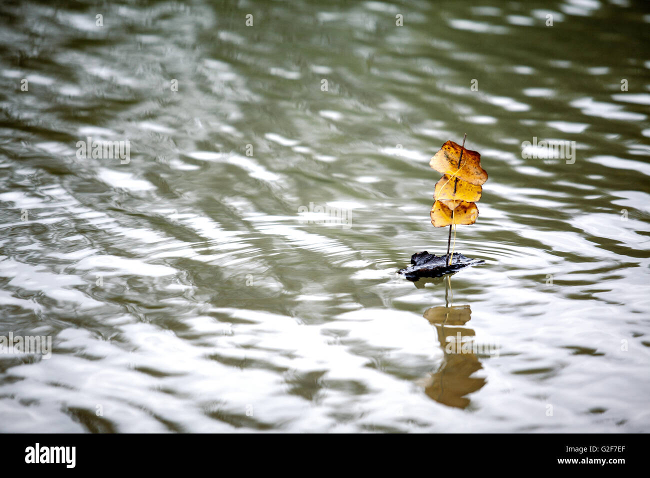 Simplte tree bark boat with sails made of leaves swimming in the river ...