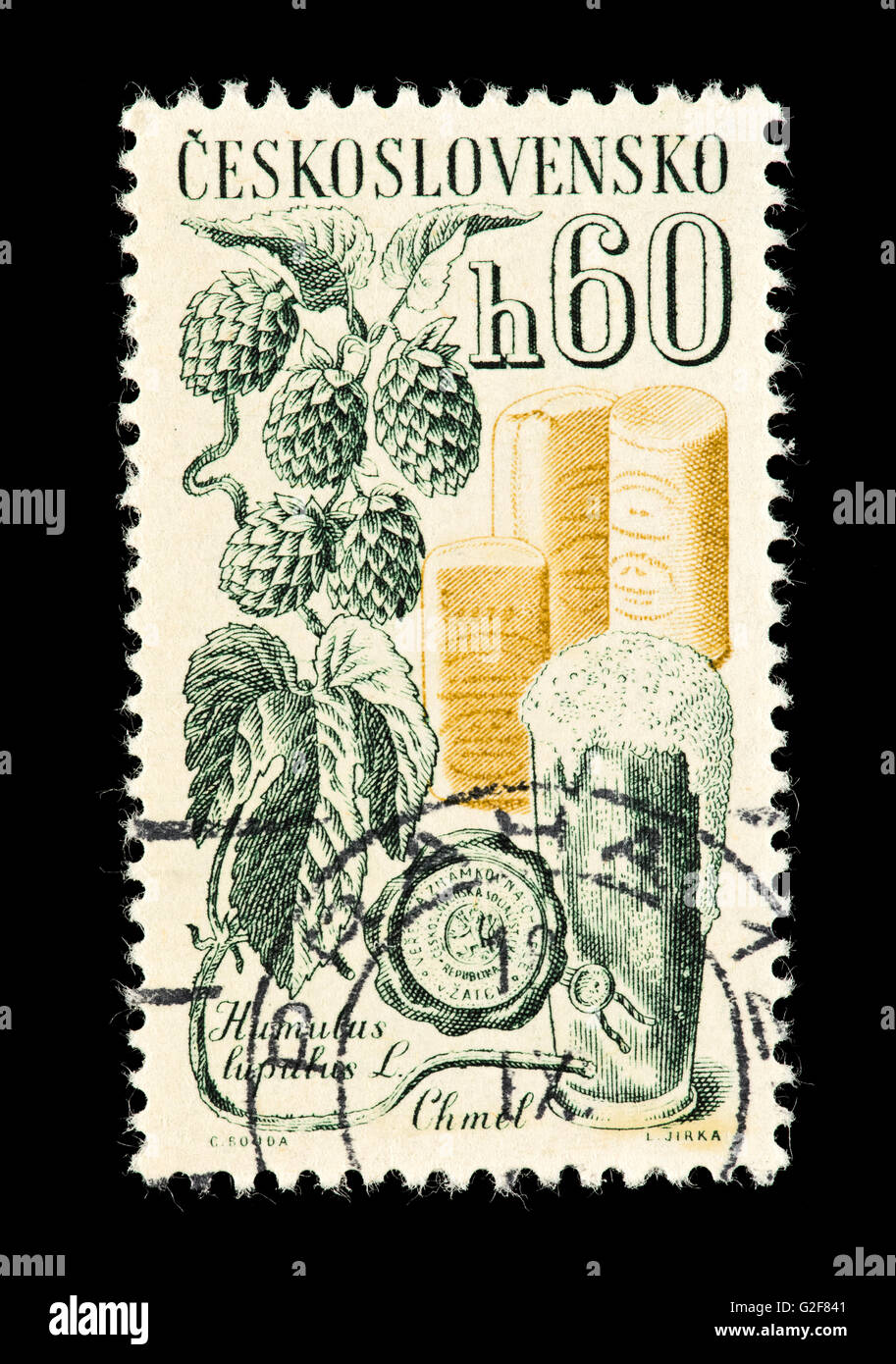 Postage stamp from Czechoslovakia depicting hops and a beer glass Stock ...