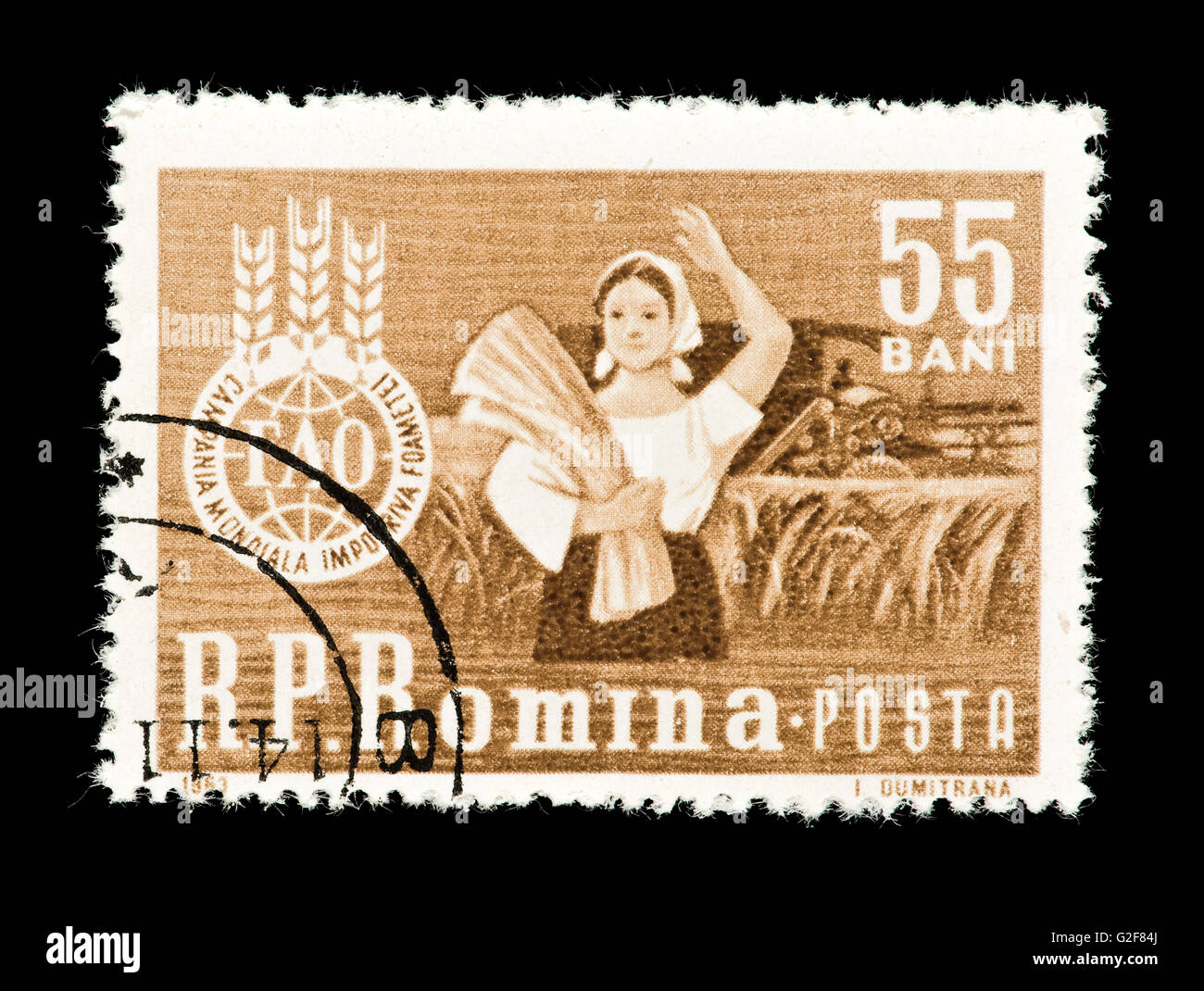 Postage stamp from Romania depicting a farm woman, cornfield and ...