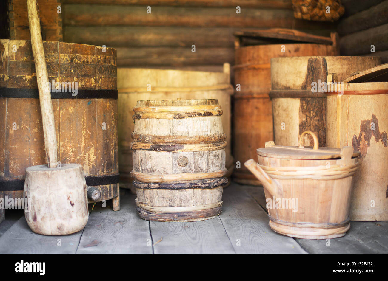 Storage racks with old wooden barrels Stock Photo - Alamy