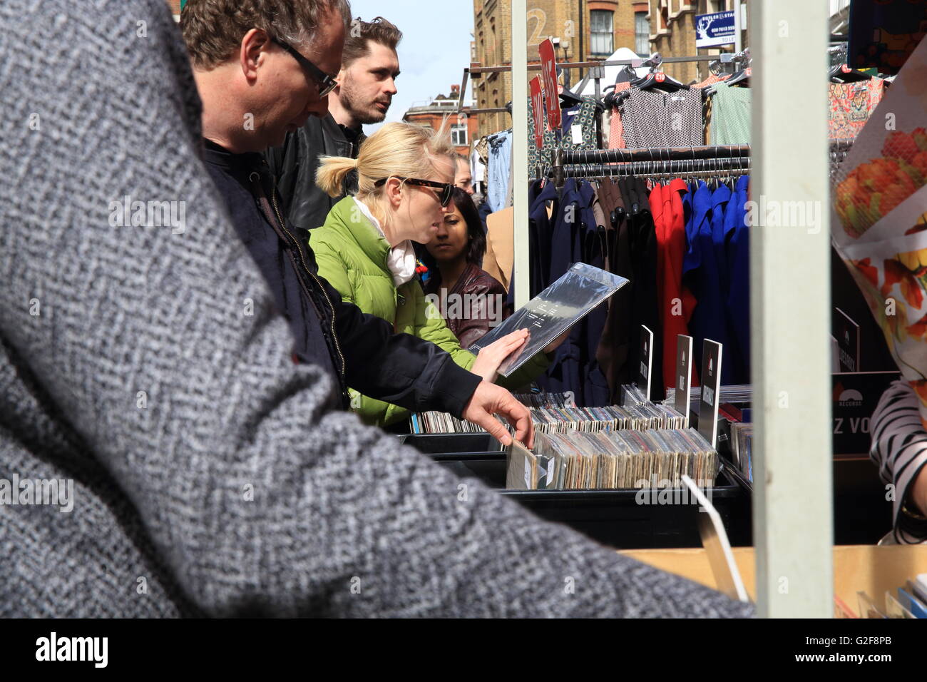 Vinyl record stall on trendy Sunday Brick Lane market, in east London ...
