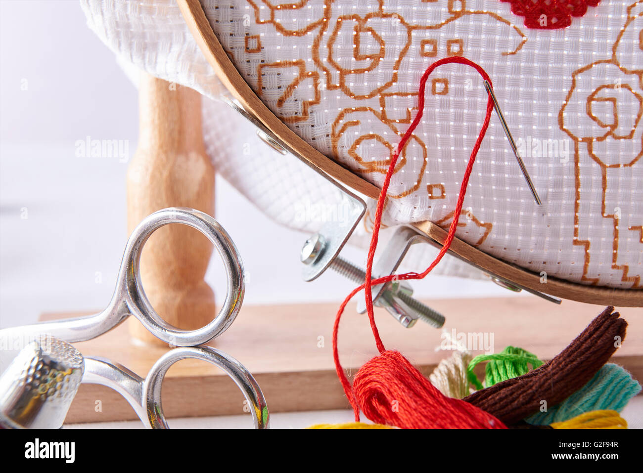 Tools for embroidery on embroidery frame top view. Horizontal Front ...