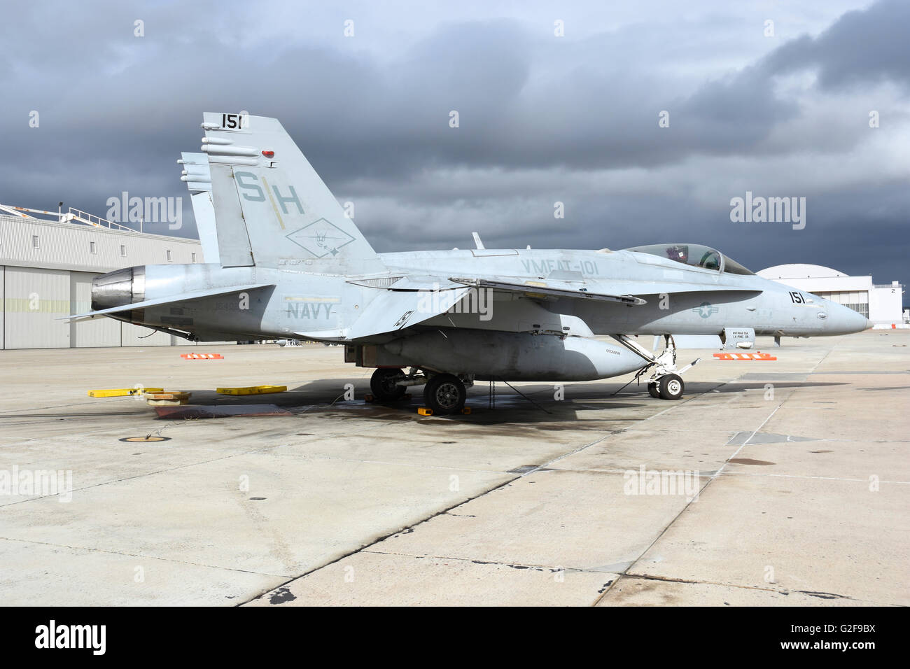 An F/A-18C Hornet from U.S. Marine Corps VMFAT-101, on the ramp at ...