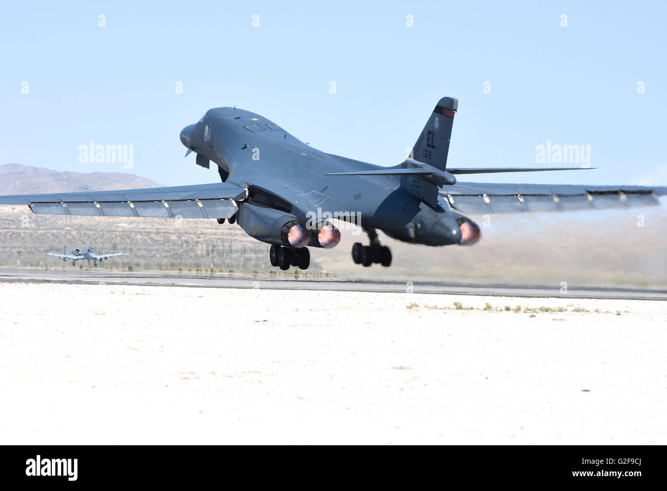 A B-1B Lancer from 28th Bomb Wing, taking off from Nellis Air Force ...