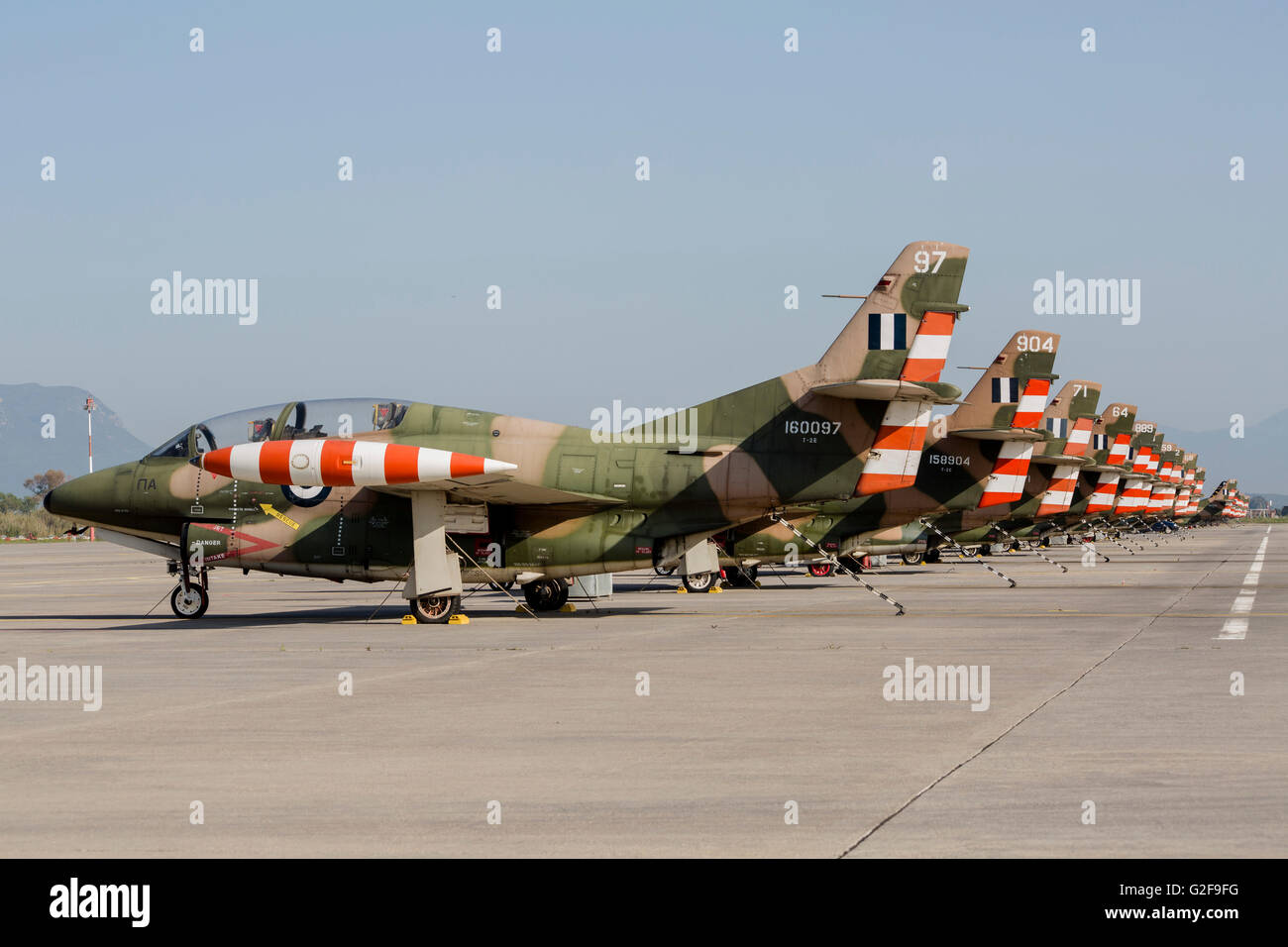 Line-up of Hellenic Air Force T-2 Buckeye trainer aircraft in Kalamata ...