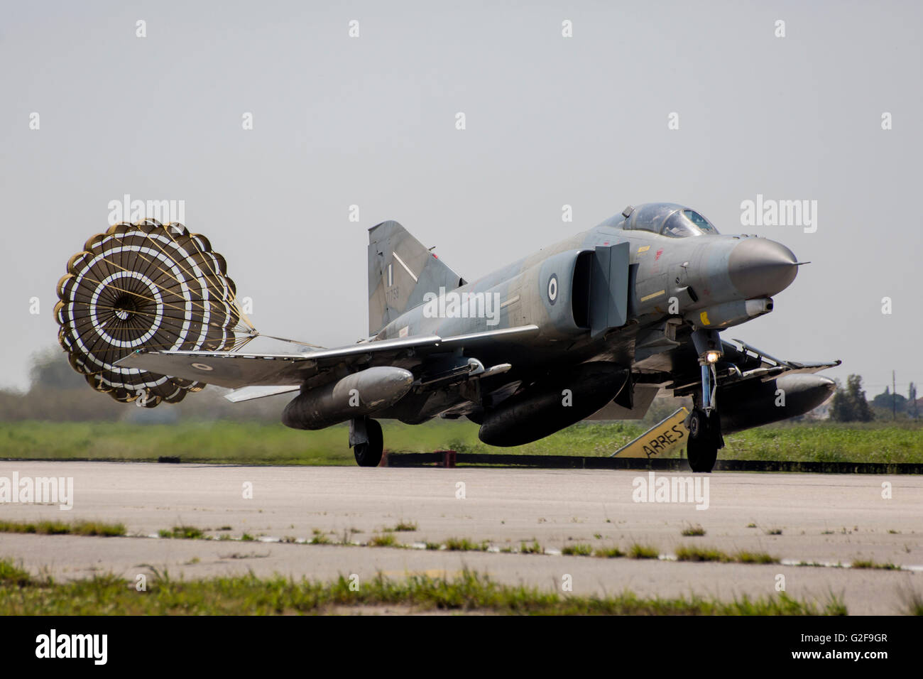 A Hellenic Air Force F-4E Phantom deploys drag chute upon landing ...
