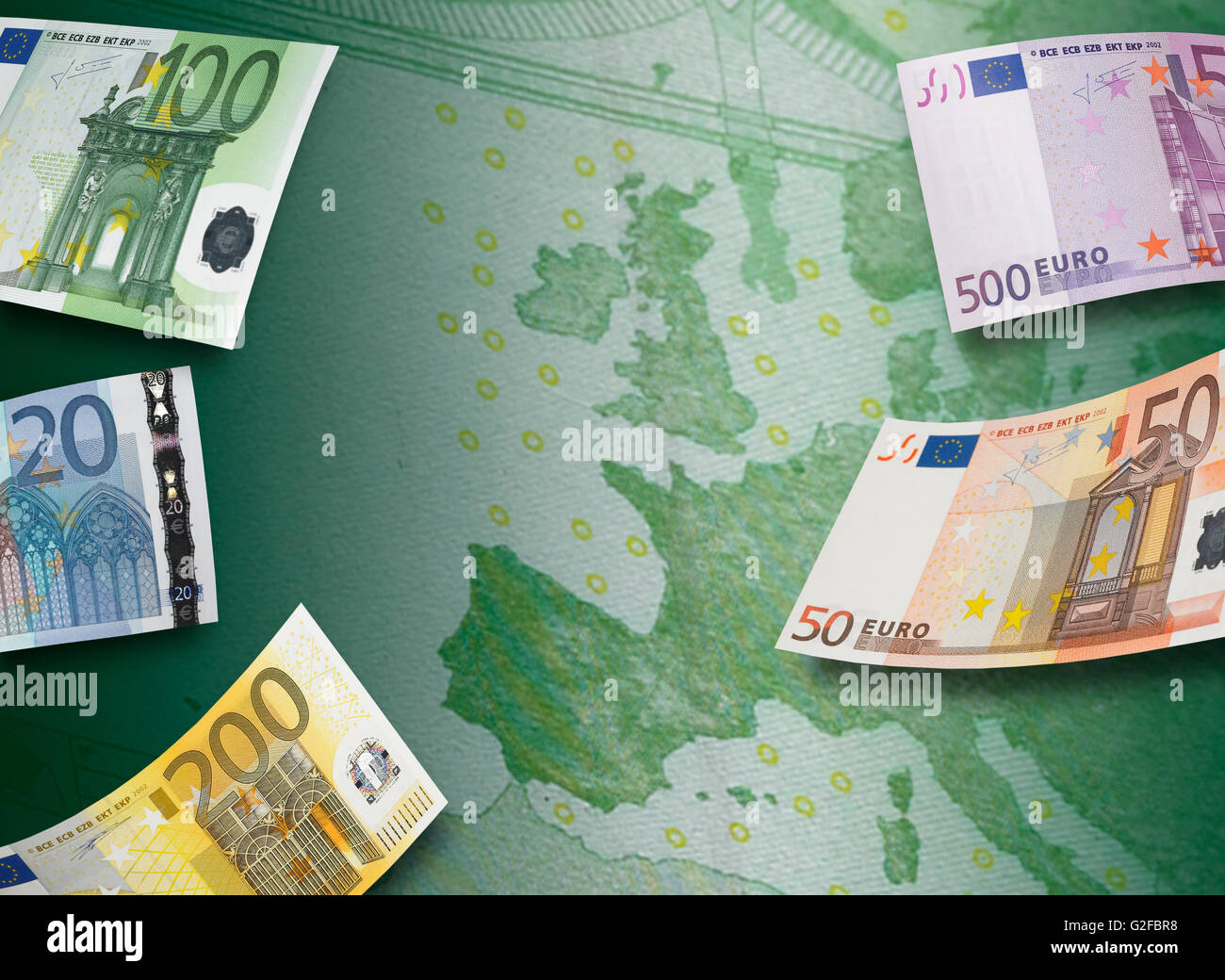 Euro bill collage and Europe map. Horizontal format Stock Photo - Alamy