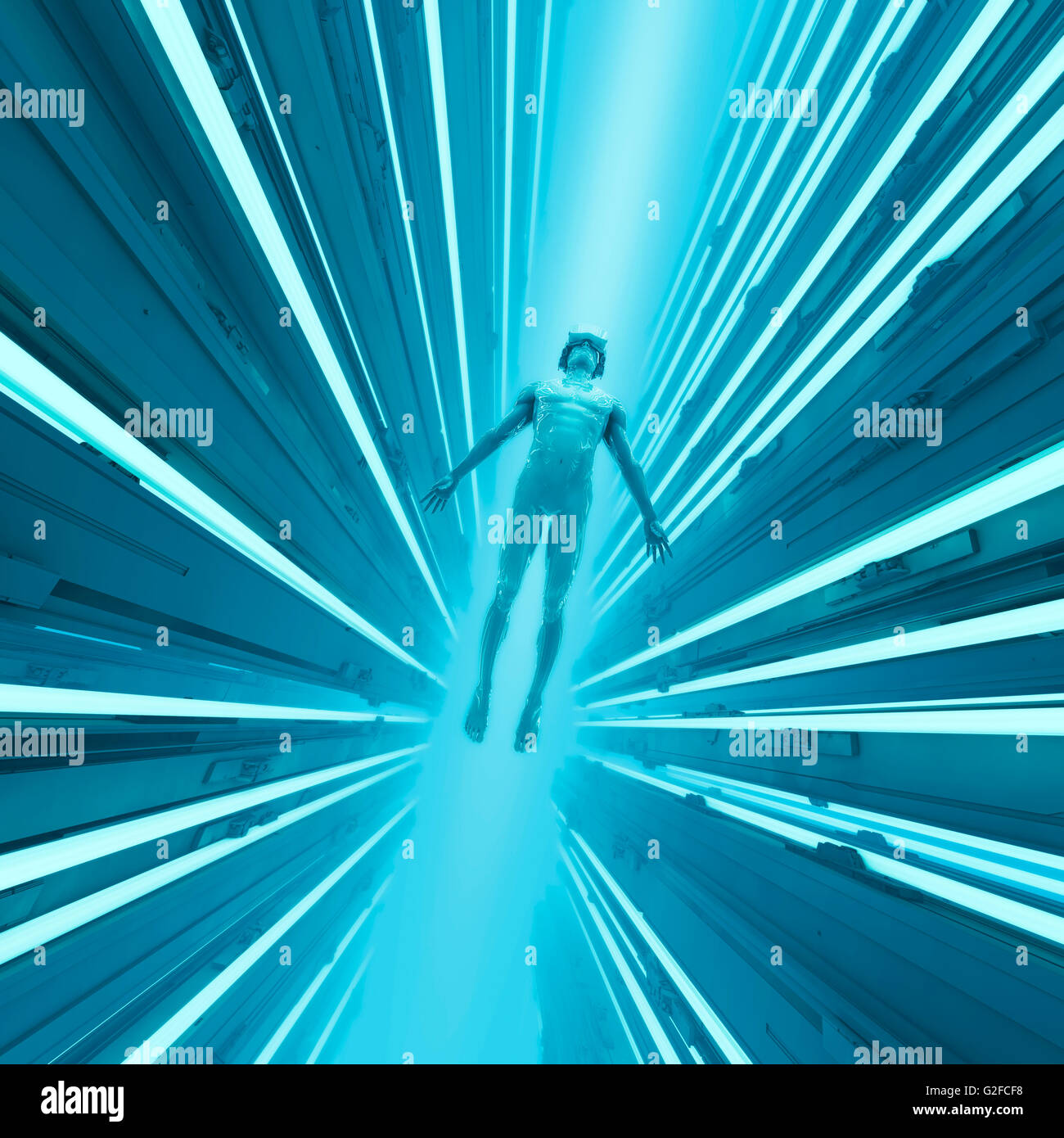 Virtual data storage / 3D illustration of man wearing virtual reality ...