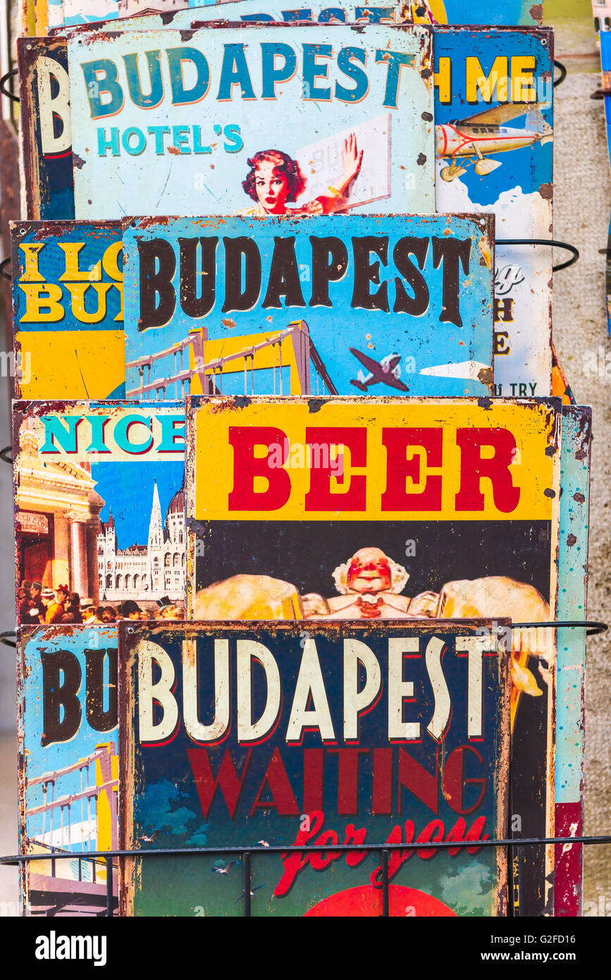 Hungary color, view of a display of coloured enamel signs for sale as ...