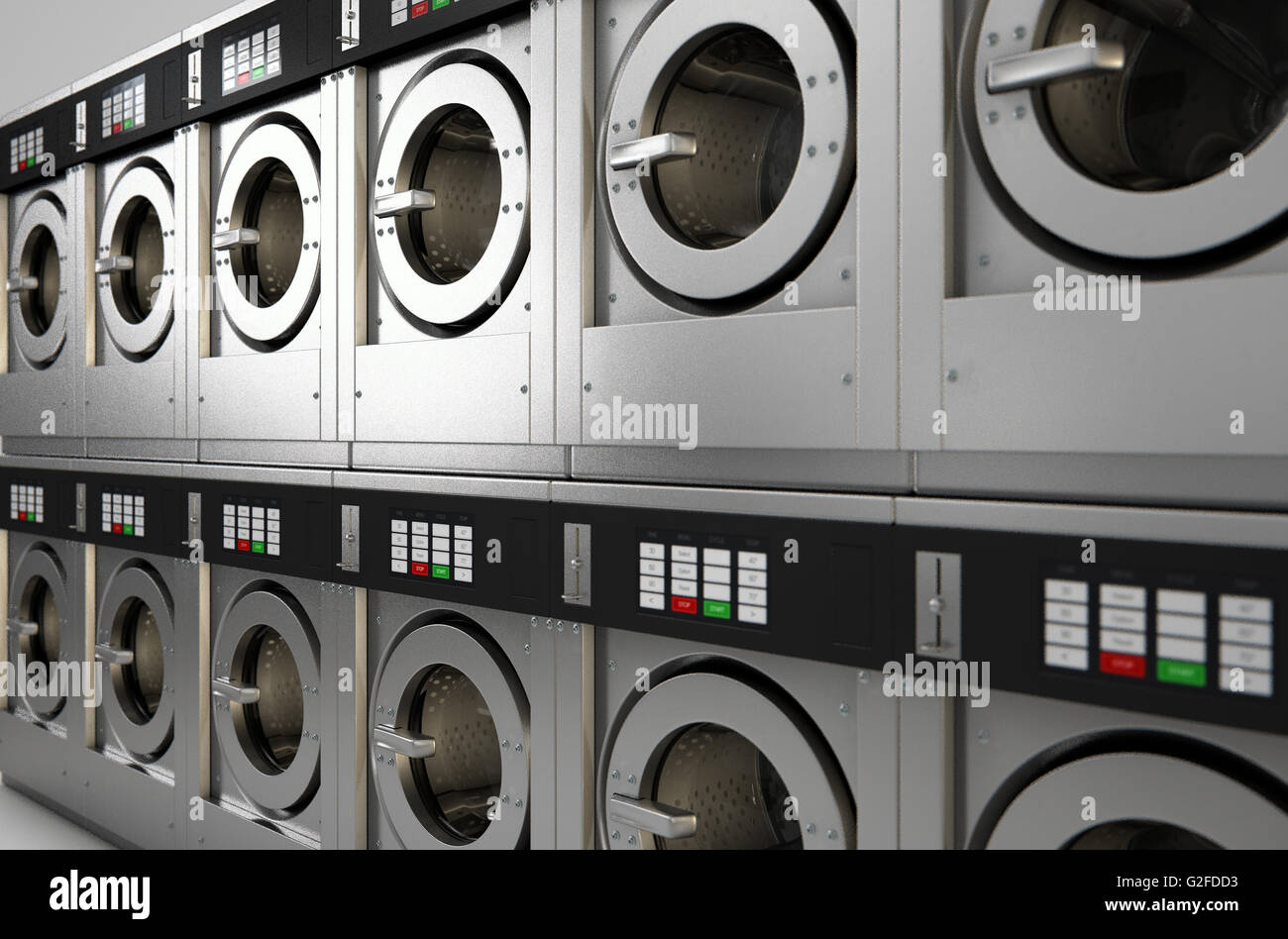 A 3D render of a row of industrial washing machines in a public ...