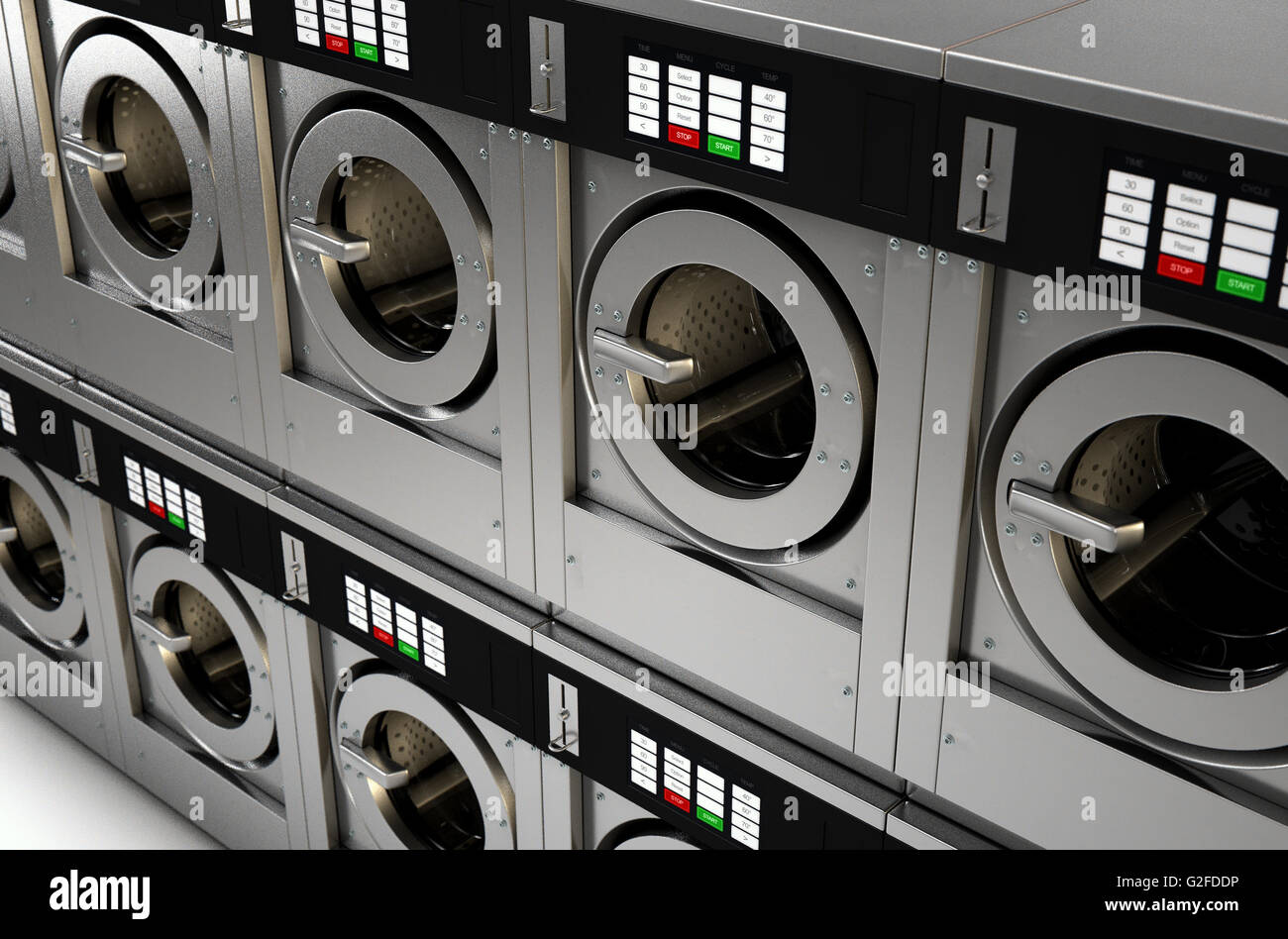 A 3D render of a row of industrial washing machines in a public ...