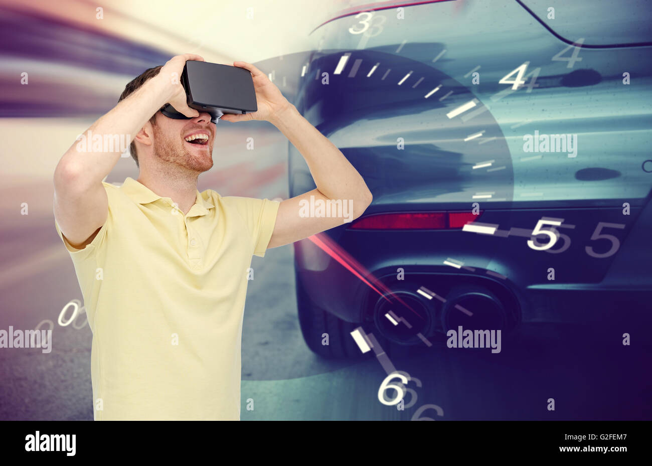 man in virtual reality headset and car racing game Stock Photo - Alamy