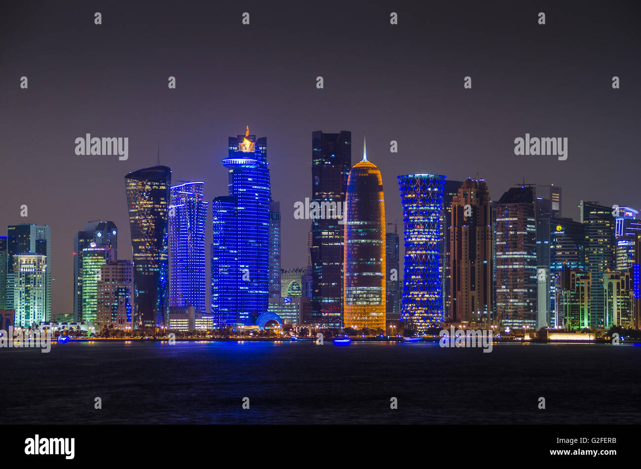 Doha skyline at night, Qatar, Middle East Stock Photo - Alamy
