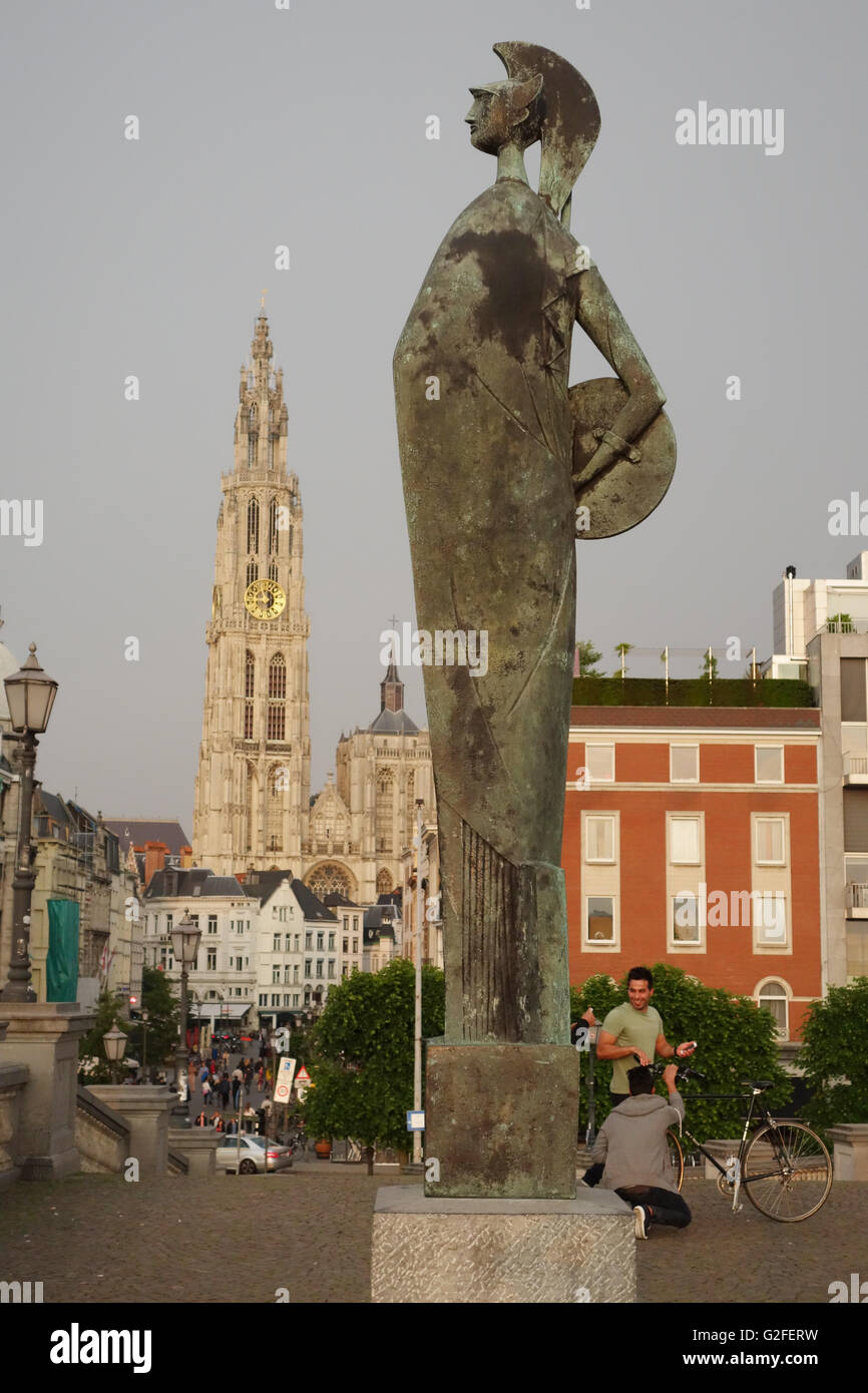 Minerva statue and Onze-Lieve-Vrouwe cathedral, Antwerp Belgium Stock ...