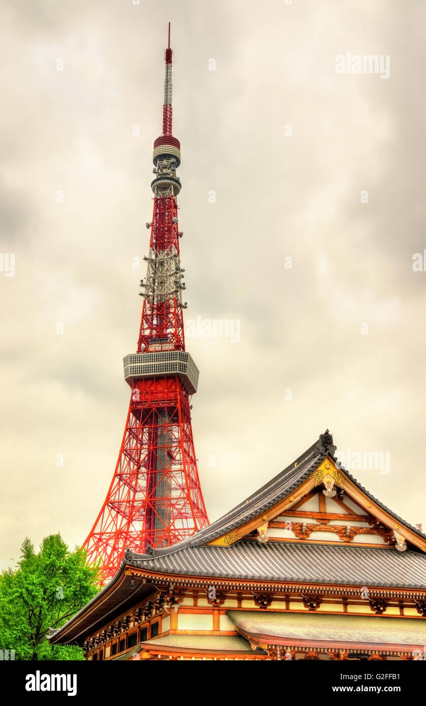 Tokyo Tower above Zojo-ji Temple Stock Photo - Alamy