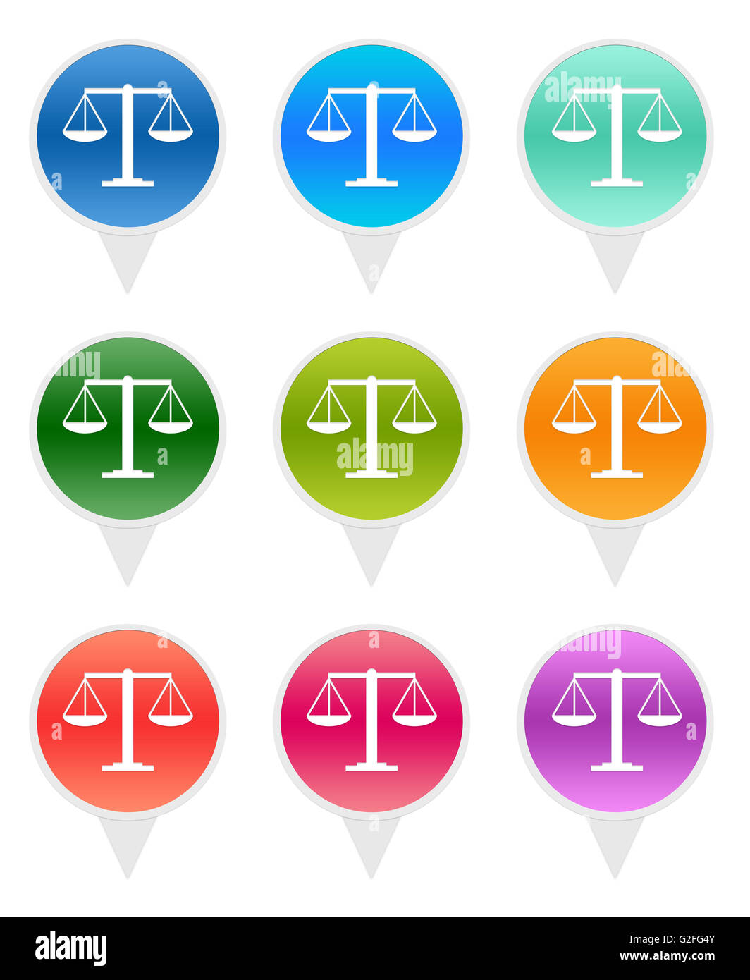 Set of colorful rounded icons for markers on maps with legal symbol ...