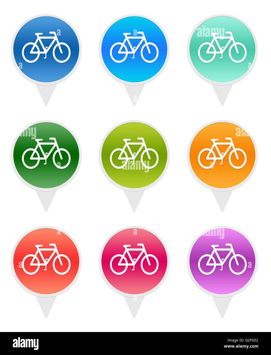 Set of colorful rounded icons for markers on maps with bicycle symbol ...