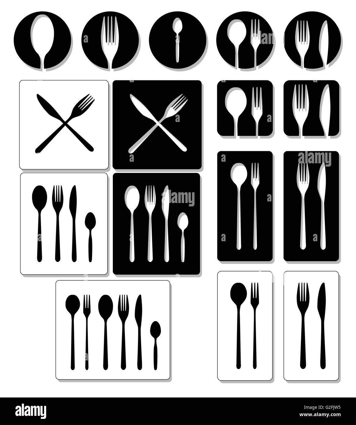 Cutlery icons. Set of tableware isolated illustrations. Spoon, fork ...