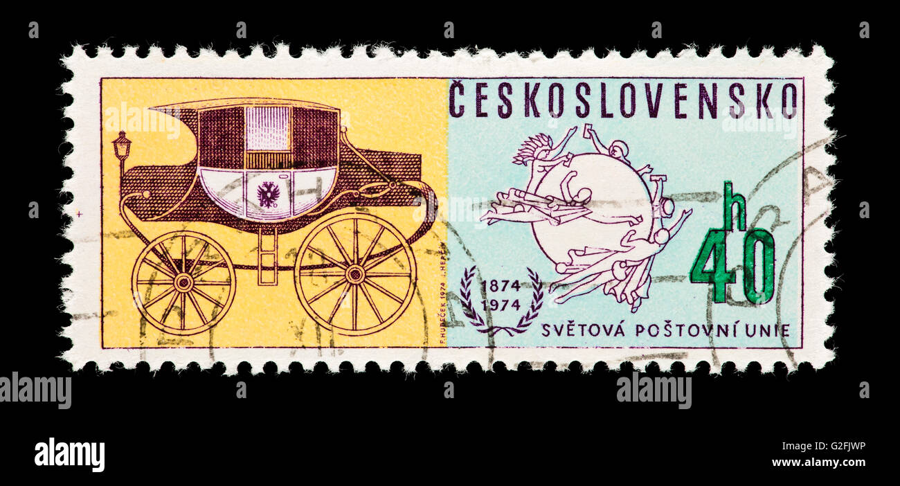 Postage stamp from Czechoslovakia depicting a mail coach and the ...