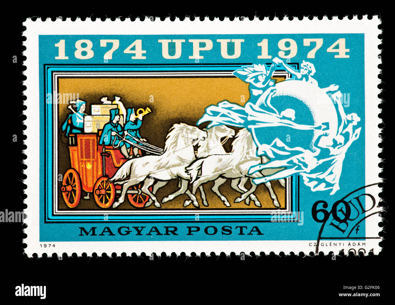 Postage stamp from Hungary depicting a mail coach and UPU symbol ...