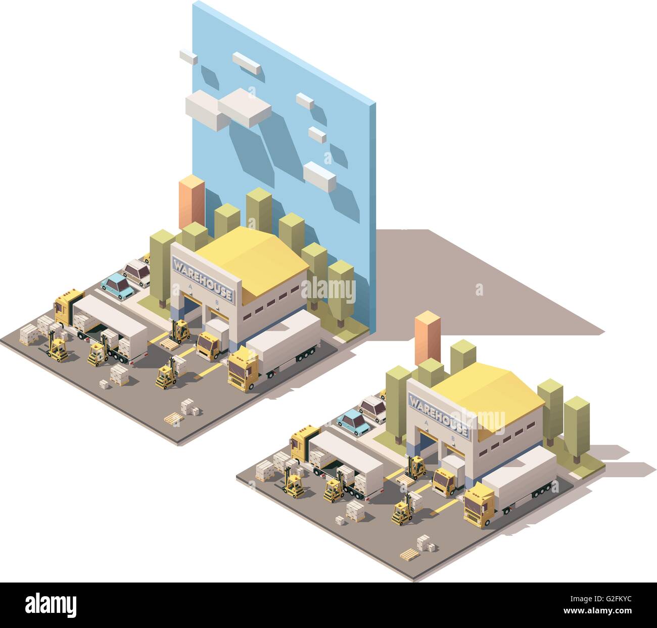 Vector isometric warehouse building icon with trucks loaded by ...