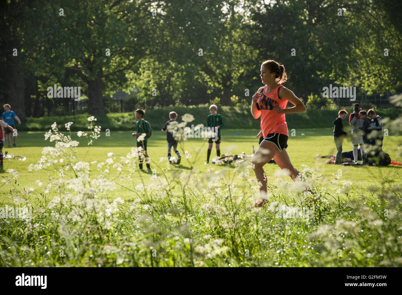 A female runner runs with a late afternoon sun in a london park Stock ...