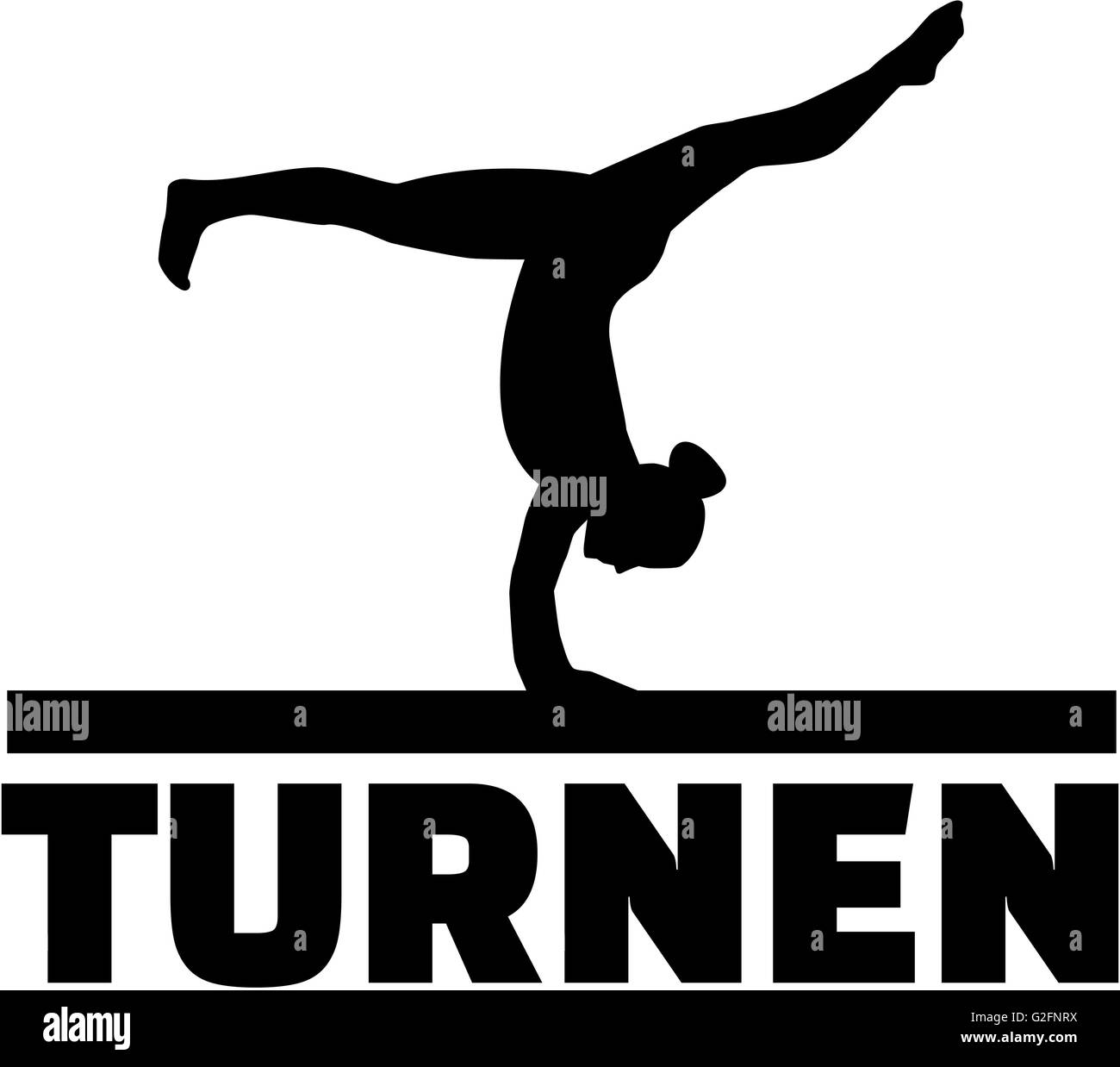Gymnast at balance beam with german word for gymnastics Stock Photo - Alamy