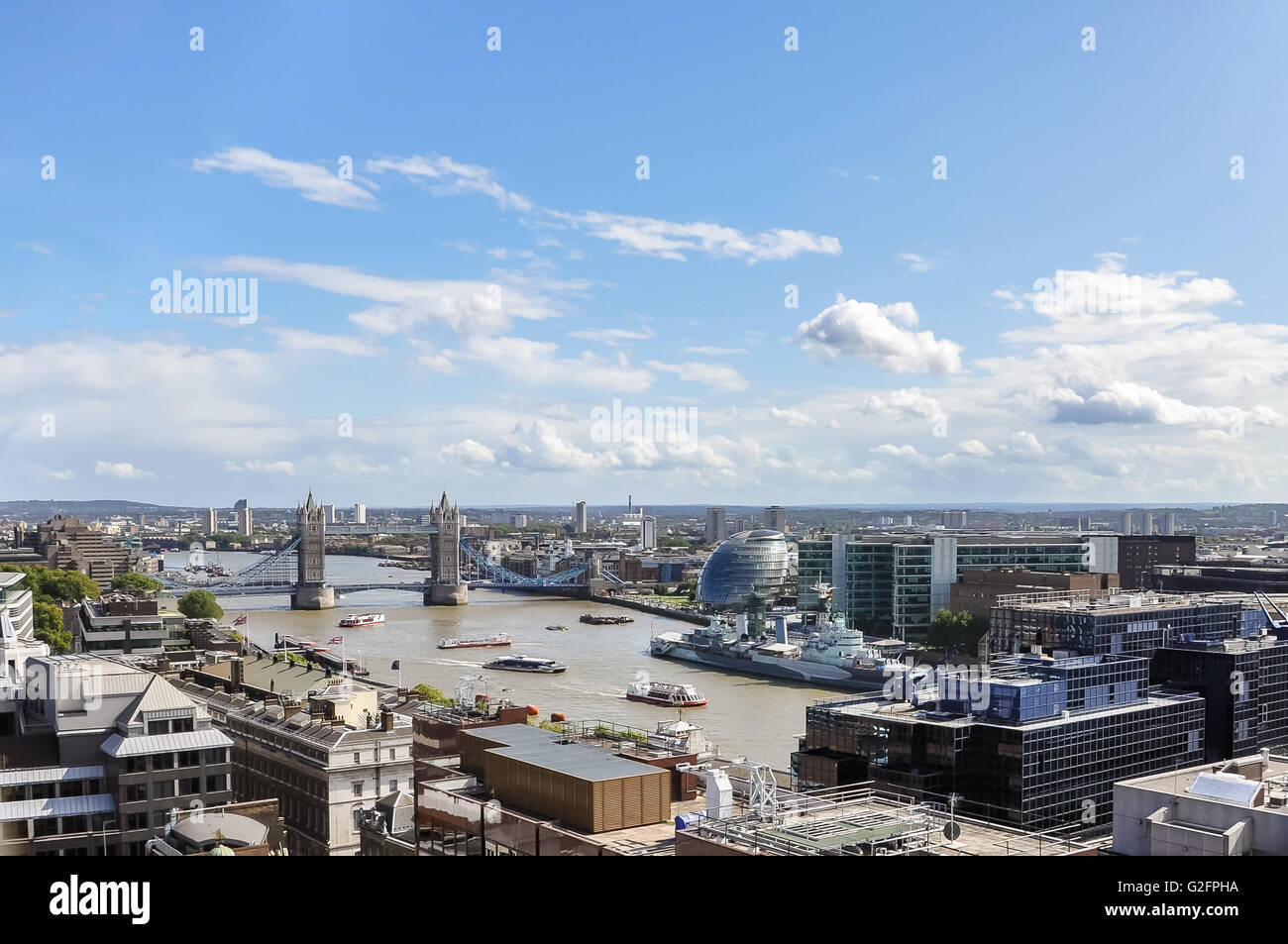 Aerial view of River Thames in London including Tower Bridge, City Hall ...