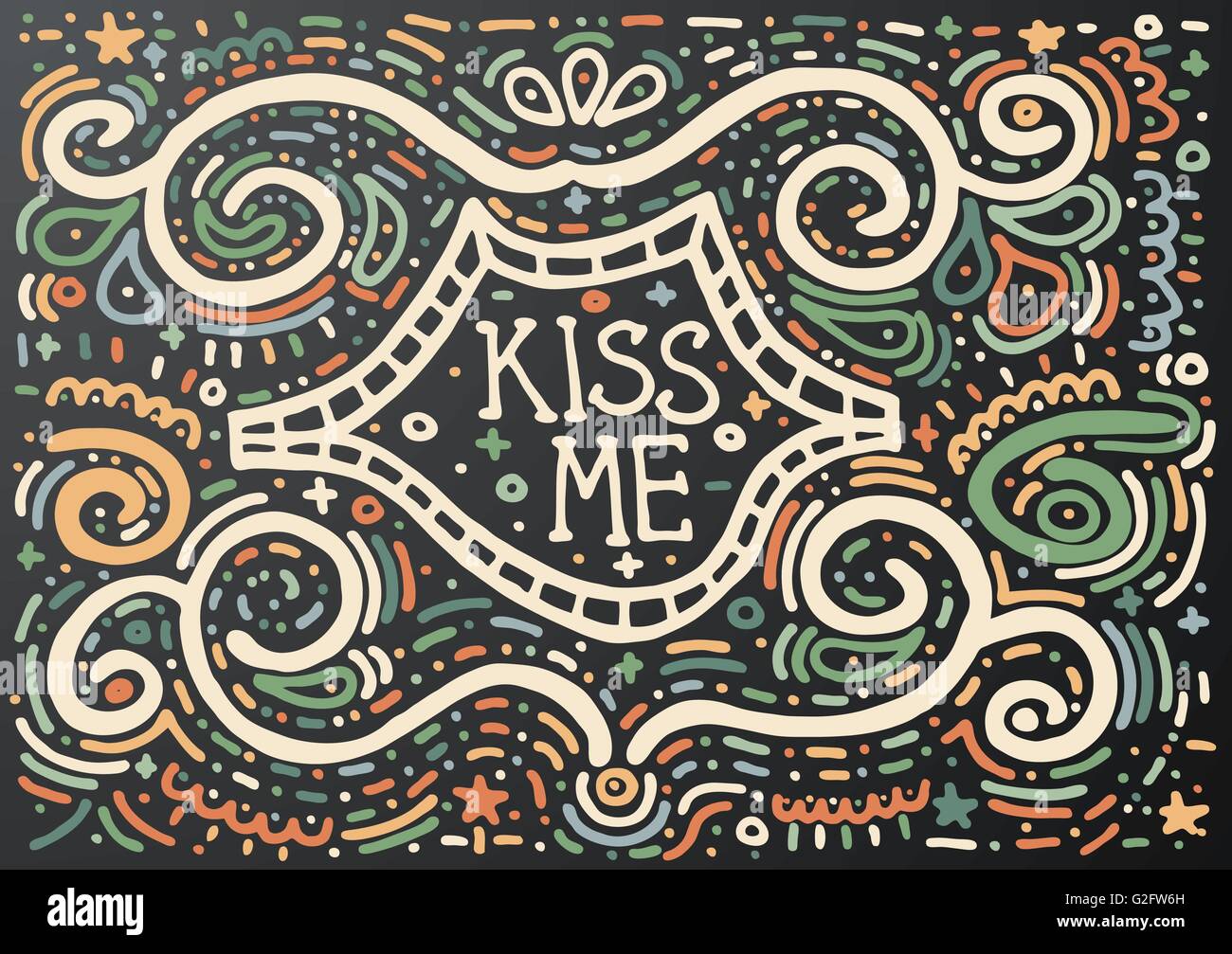 Kiss me. Hand drawn vintage print with decorative outline text and lips ...
