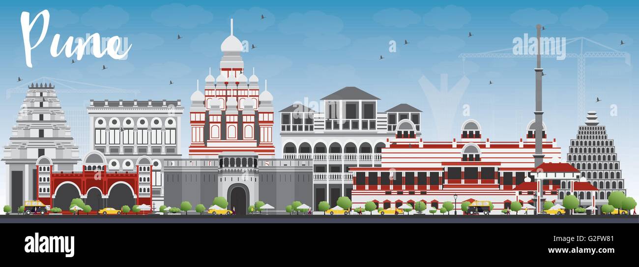 Pune Skyline with Color Buildings and Blue Sky. Vector Illustration ...