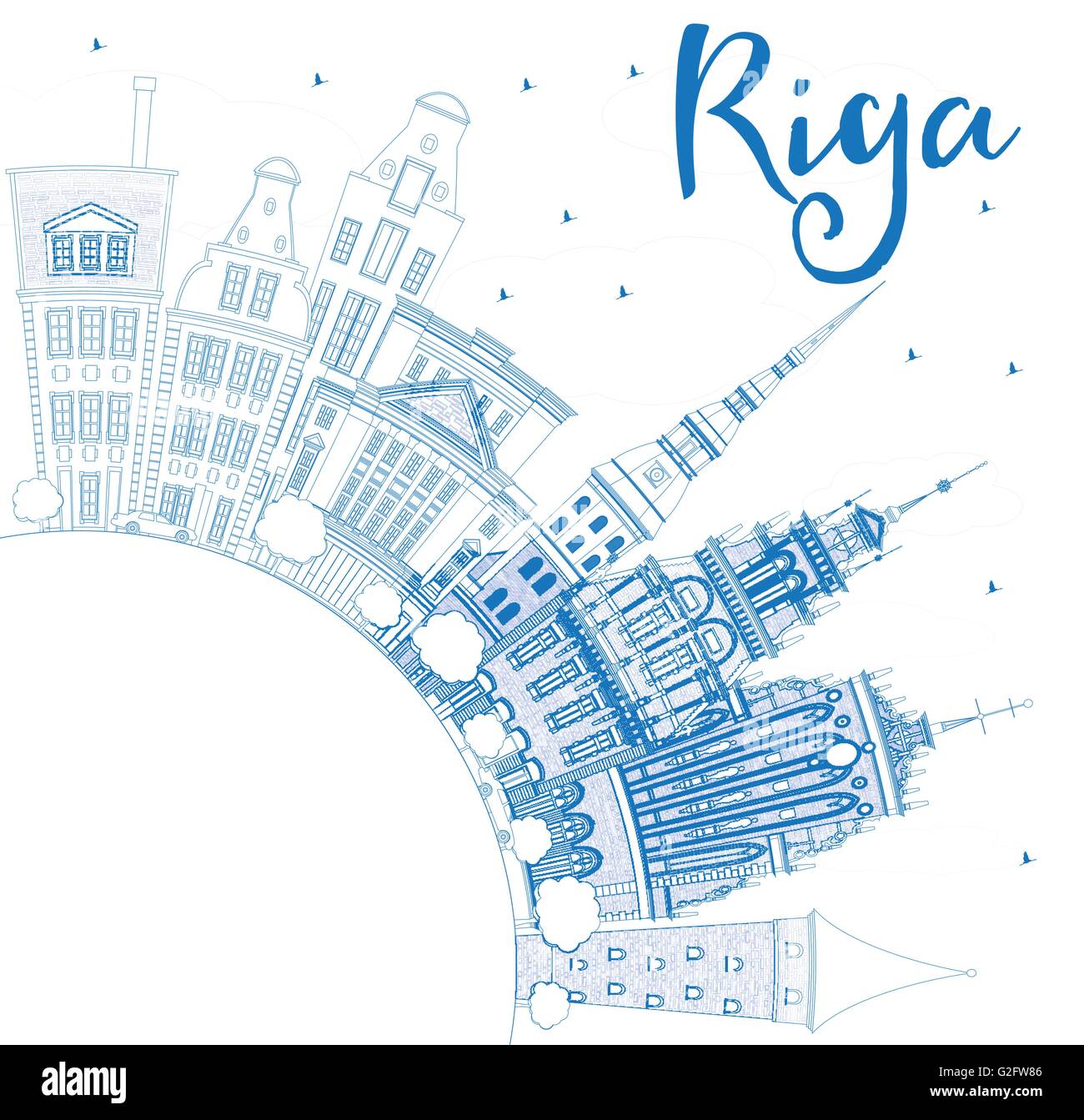 Outline Riga Skyline with Blue Landmarks and Copy Space. Vector ...