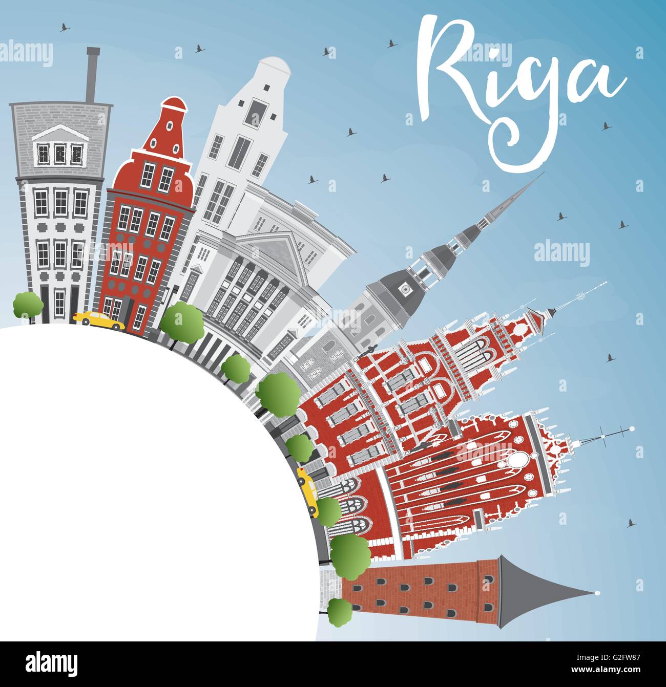 Riga Skyline with Landmarks, Blue Sky and Copy Space. Vector ...