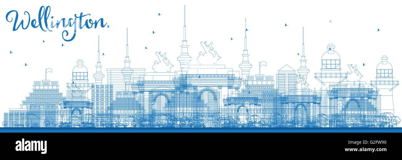 Outline Wellington skyline with blue buildings. Vector illustration ...