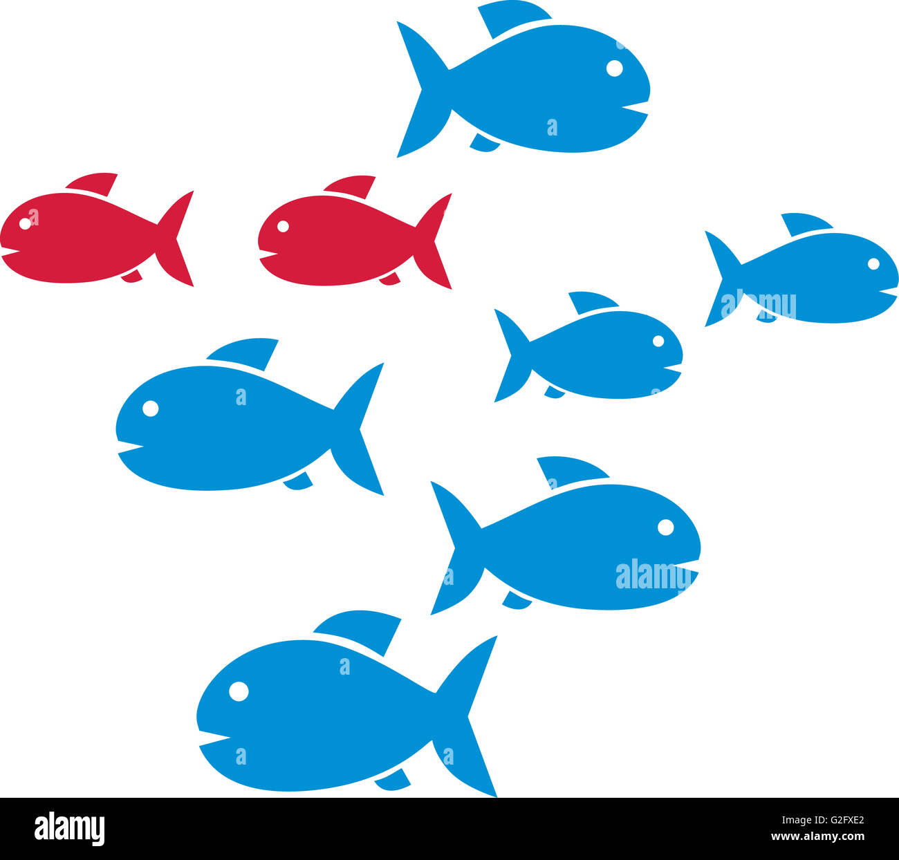 Fish shoal with blue and two red fishes Stock Photo - Alamy