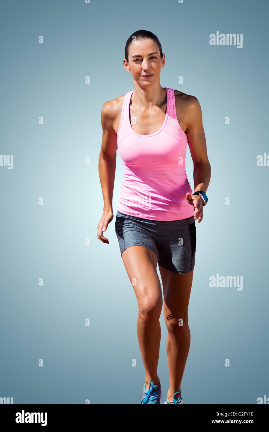 Composite image of facing view of woman running against white ...
