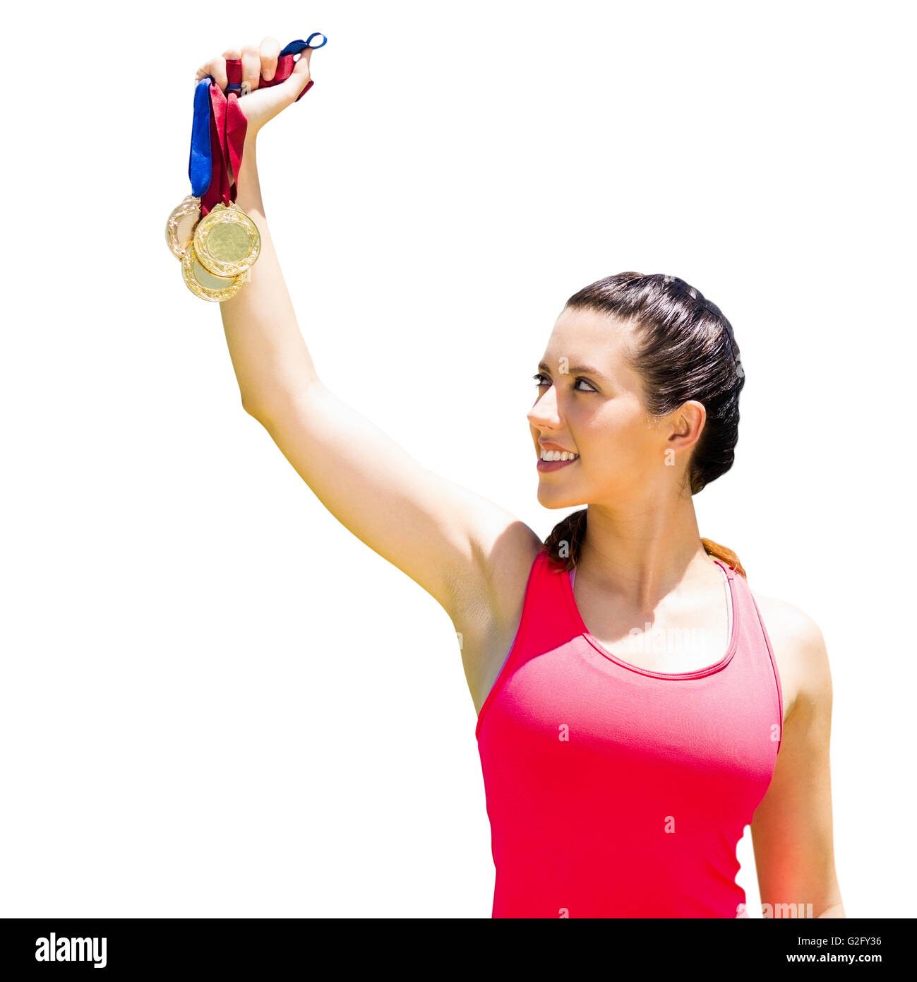 Sportswoman holding her gold medals Stock Photo - Alamy