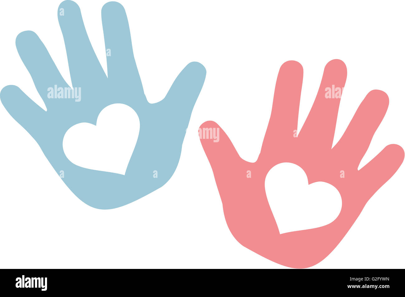 Hands of baby blue and pink with hearts Stock Photo - Alamy