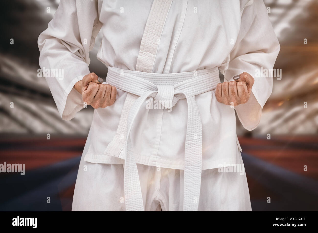 Composite image of fighter performing karate stance Stock Photo - Alamy