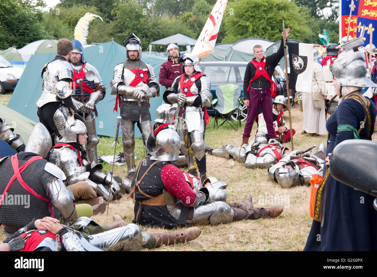 TEWKESBURY, GLOC. UK-12 JULY: Historical reenactors in armour await ...