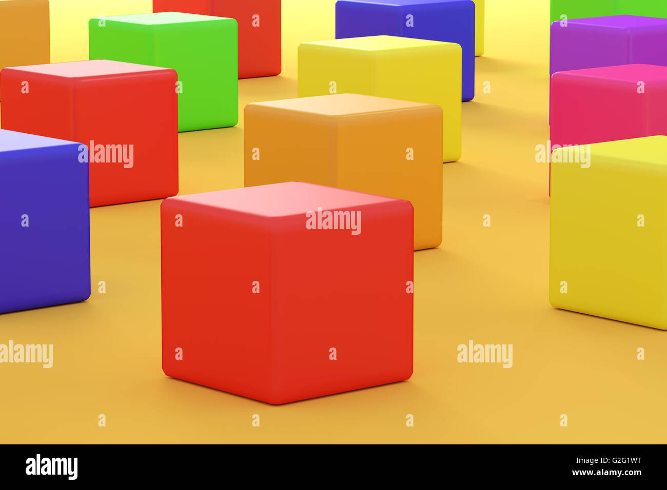 3D rendering cubes of different colors in rows on orange background ...