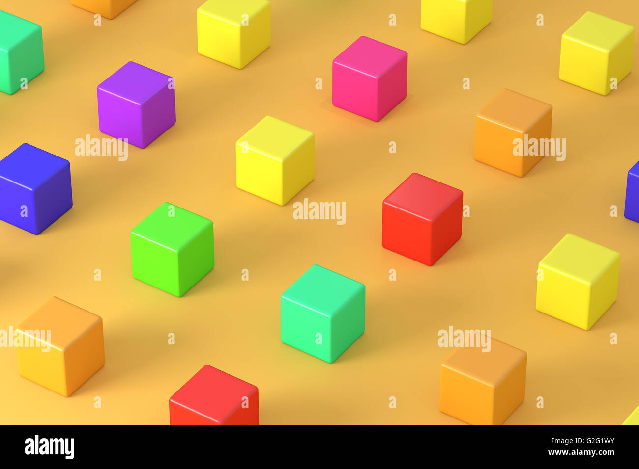 3D rendering cubes of different colors in rows on orange background ...