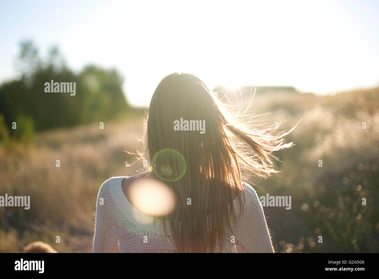 Teenage Girl With Wind Blowing Through Hair, Rear View Stock Photo - Alamy